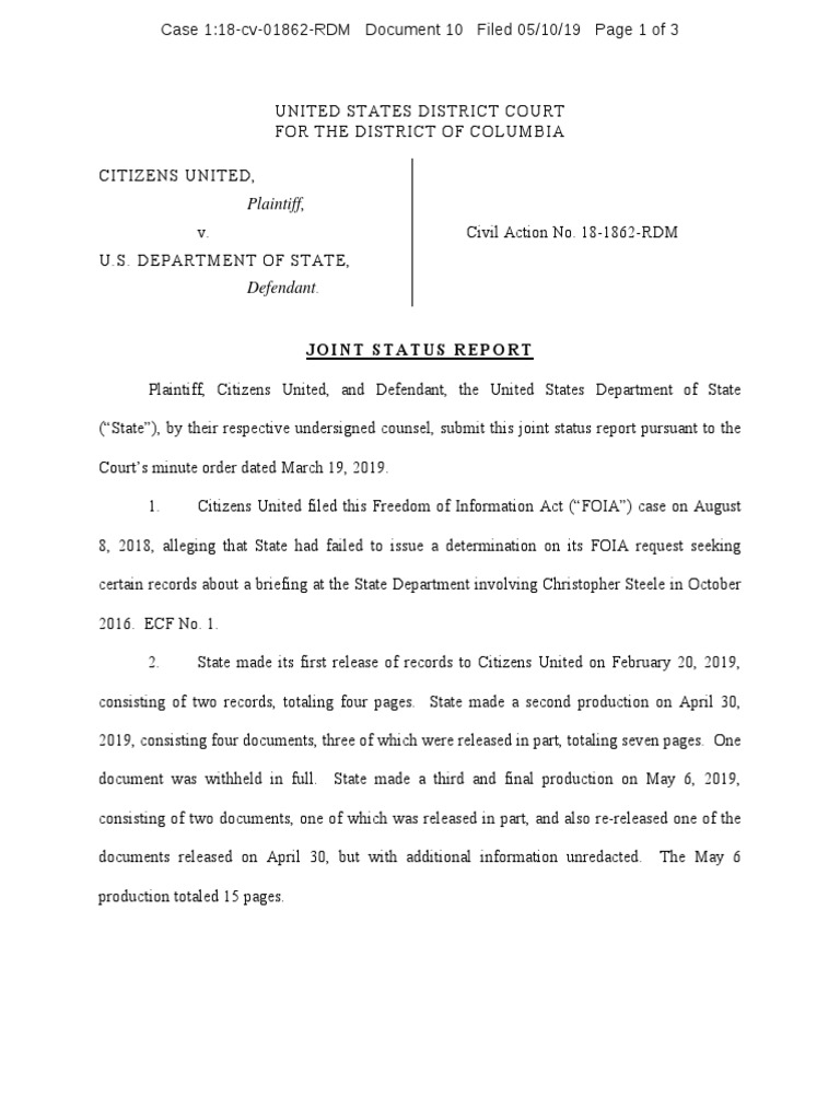 CU v. State Department FOIA Joint Status Report (Steele Briefing) | PDF ...