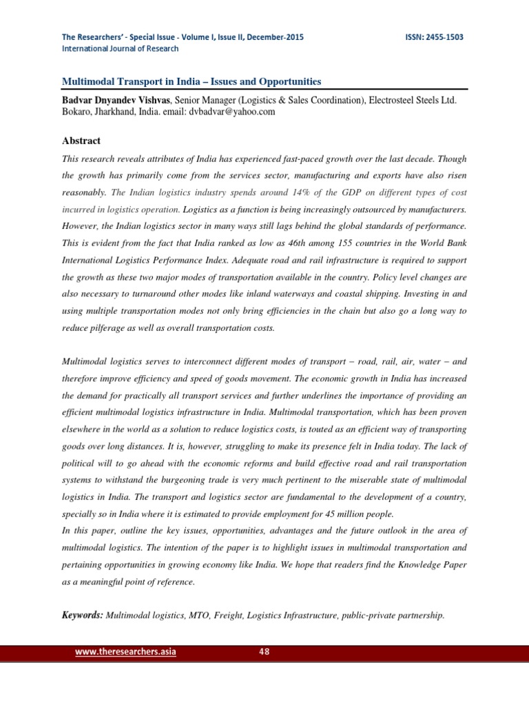 Multimodal Transport in India | PDF | Transport | Cargo