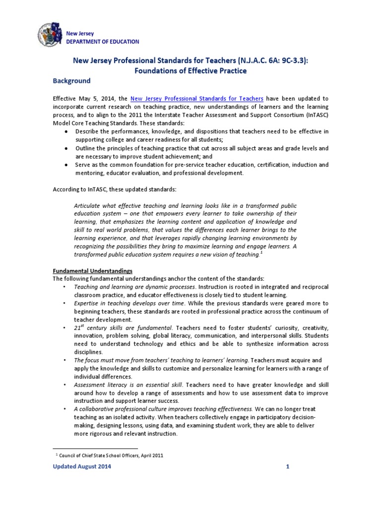 New Jersey Professional Standards For Teachers (N.J.A.C. 6A: 9C-3.3 ...