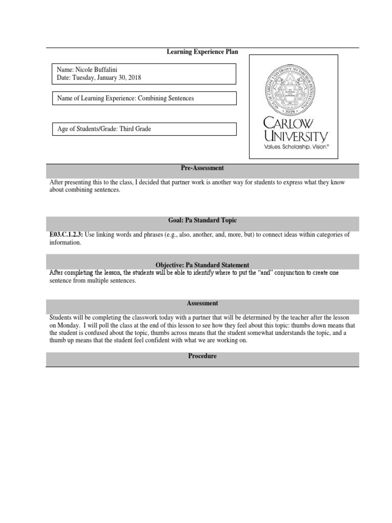 Learning Experience Plan Date:D | PDF | Teaching | Learning