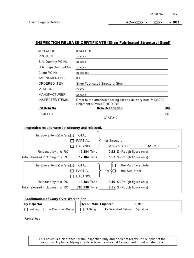 Inspection Release Certificate for Shop Fabricated Structural Steel ...