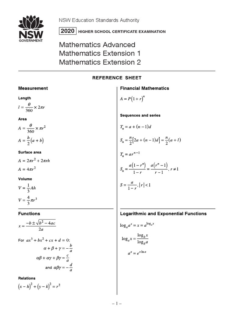 Mathematics Advanced Extension 1 and Extension 2 Reference Sheet | PDF ...