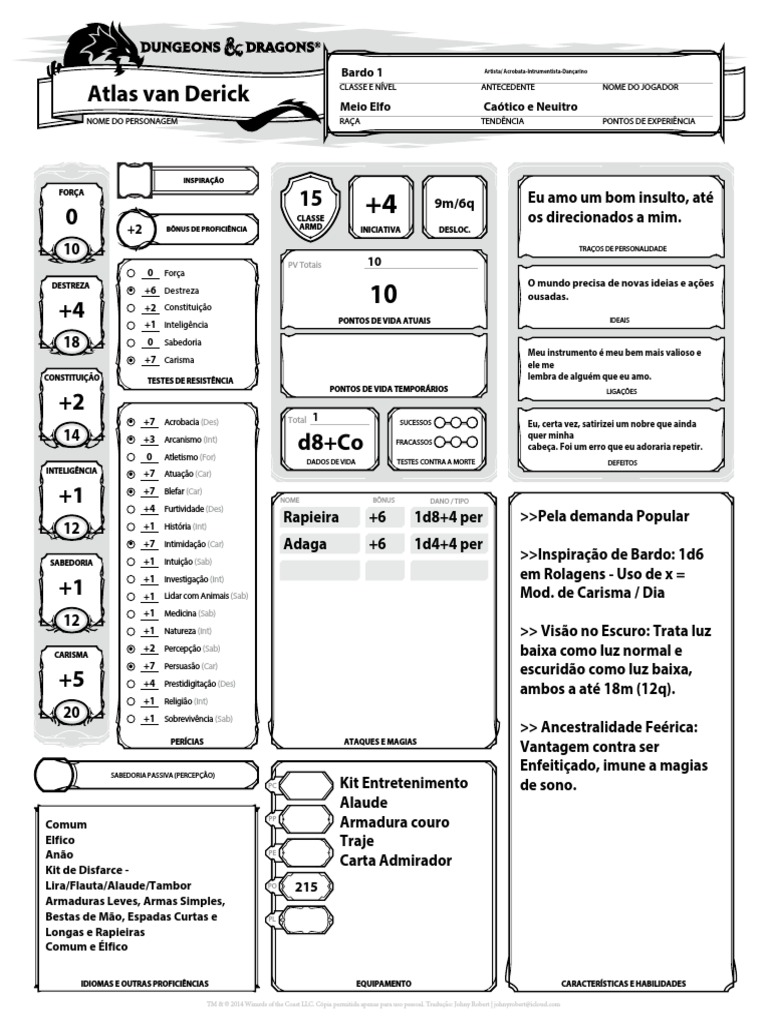 D&D 5E - Ficha Bardo Meio Elfo Atlas | PDF