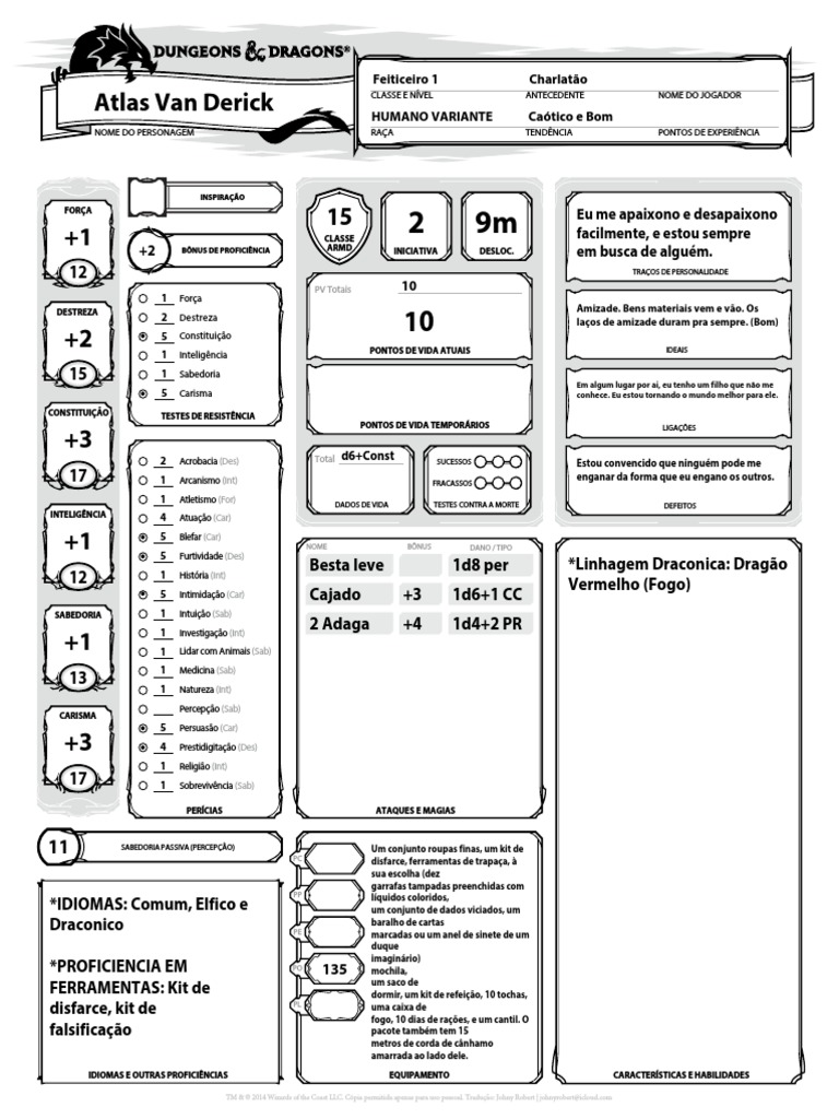 DD 5E - Ficha de Personagem Atlas Feiticeiro PDF | PDF