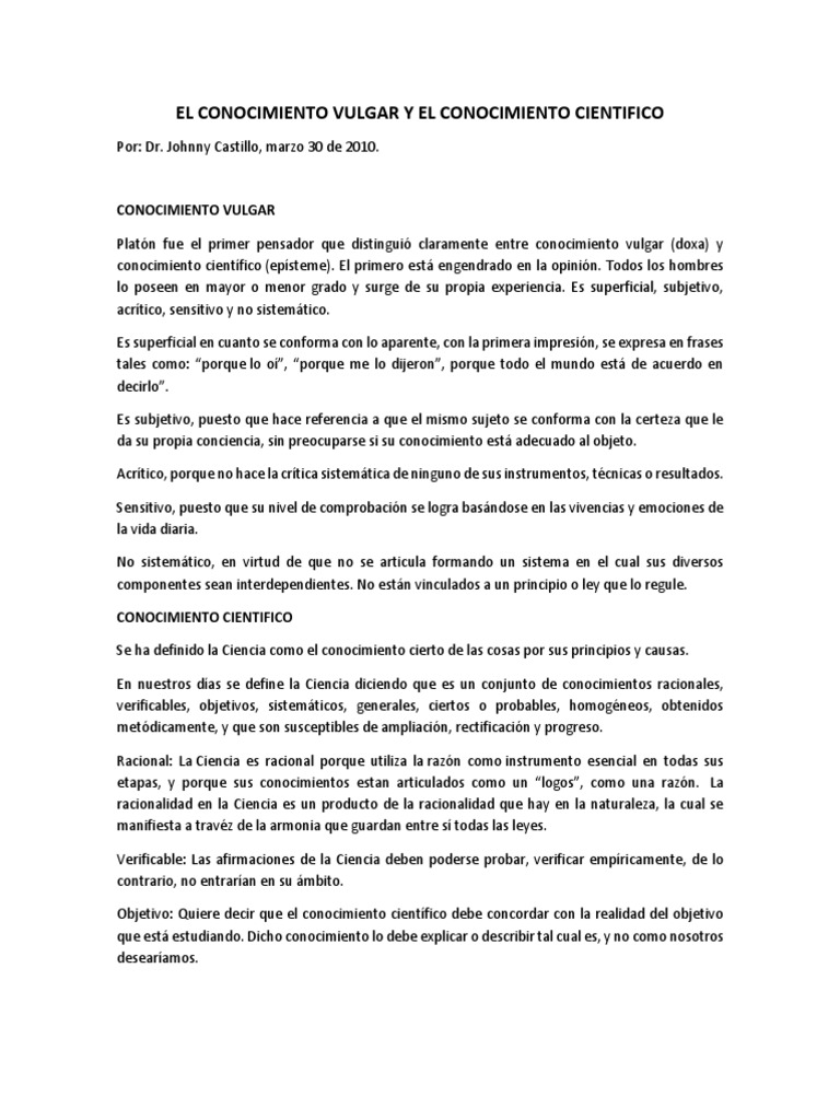El Conocimiento Vulgar y El Conocimiento Cientifico-1 | PDF | Certeza | Conocimiento