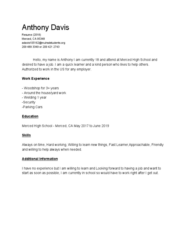 Anthony Davis Resume 2018 | PDF