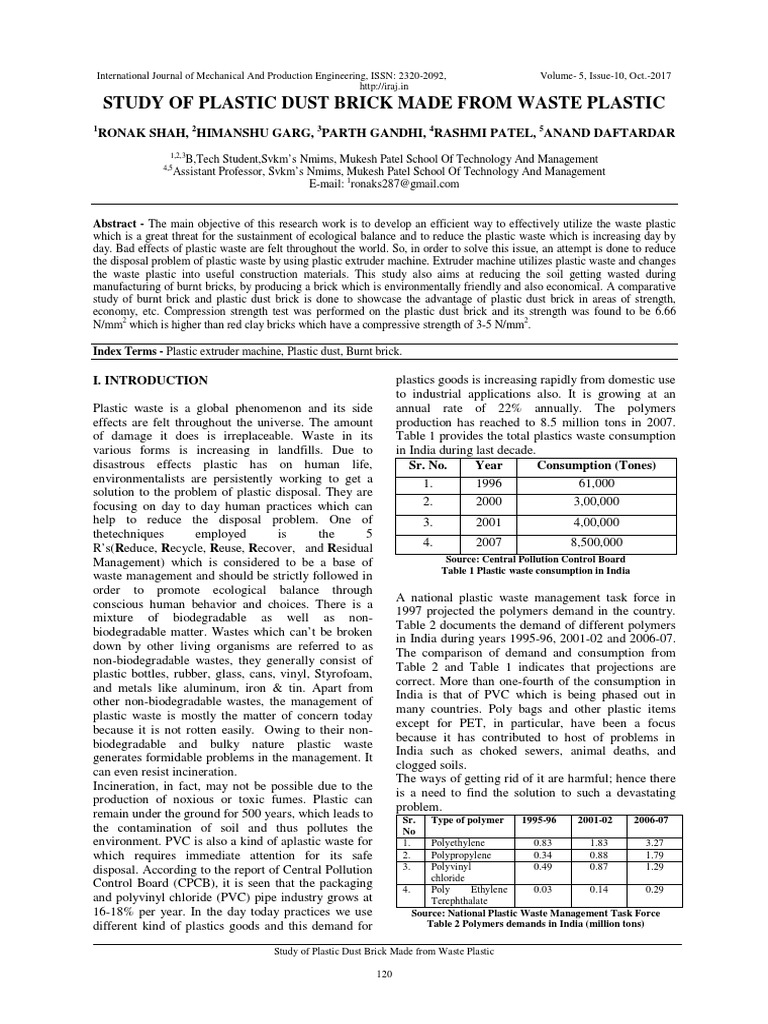 Study of Plastic Dust Brick Made From Waste Plastic | PDF ...