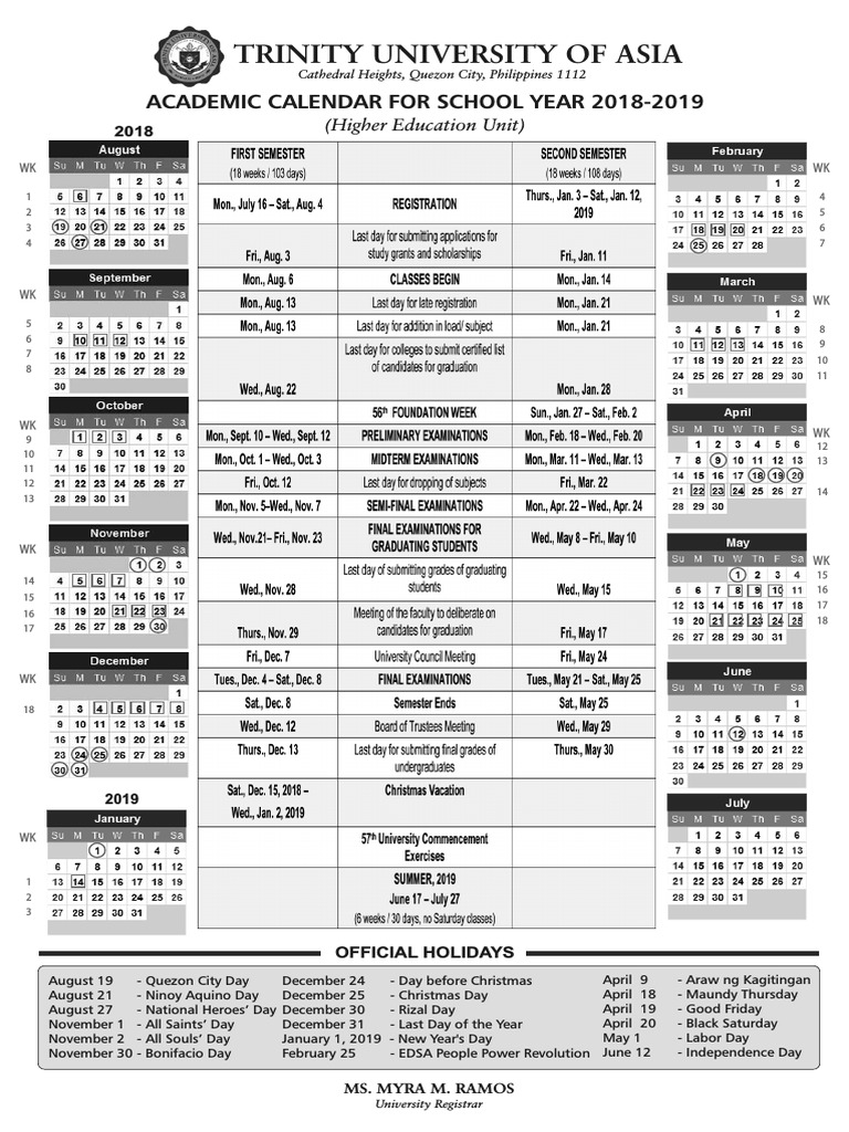 Trinity University Academic Calendar 2018-2019 | PDF | Philippines ...