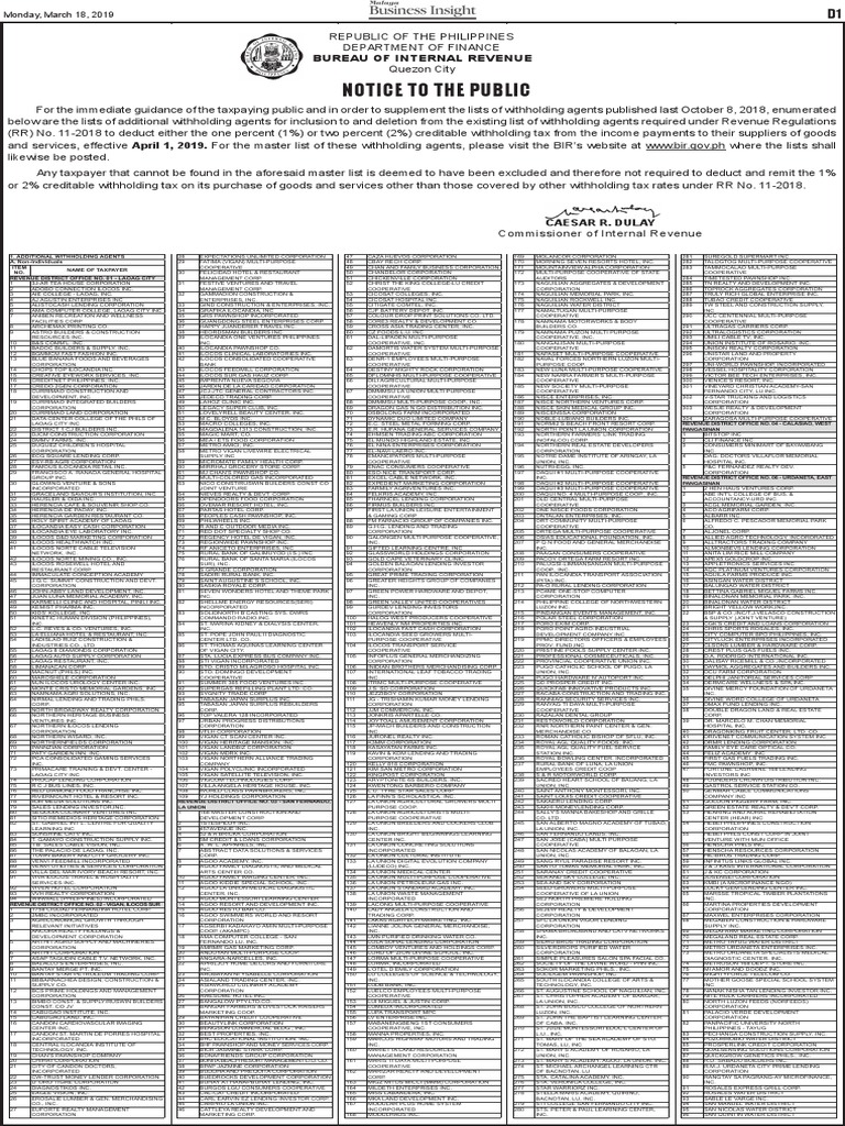 List of Top Withholding Agents For Inclusion Non-Individual P-1 | PDF ...