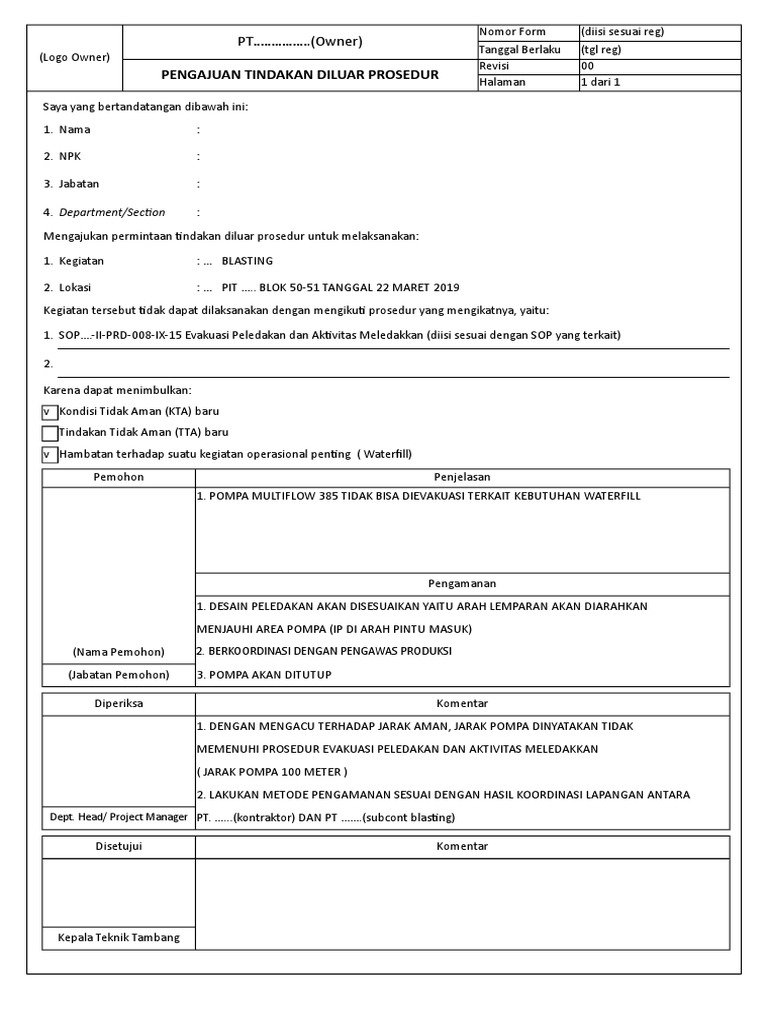 Contoh Form Pengajuan Tindakan Diluar Prosedur | PDF