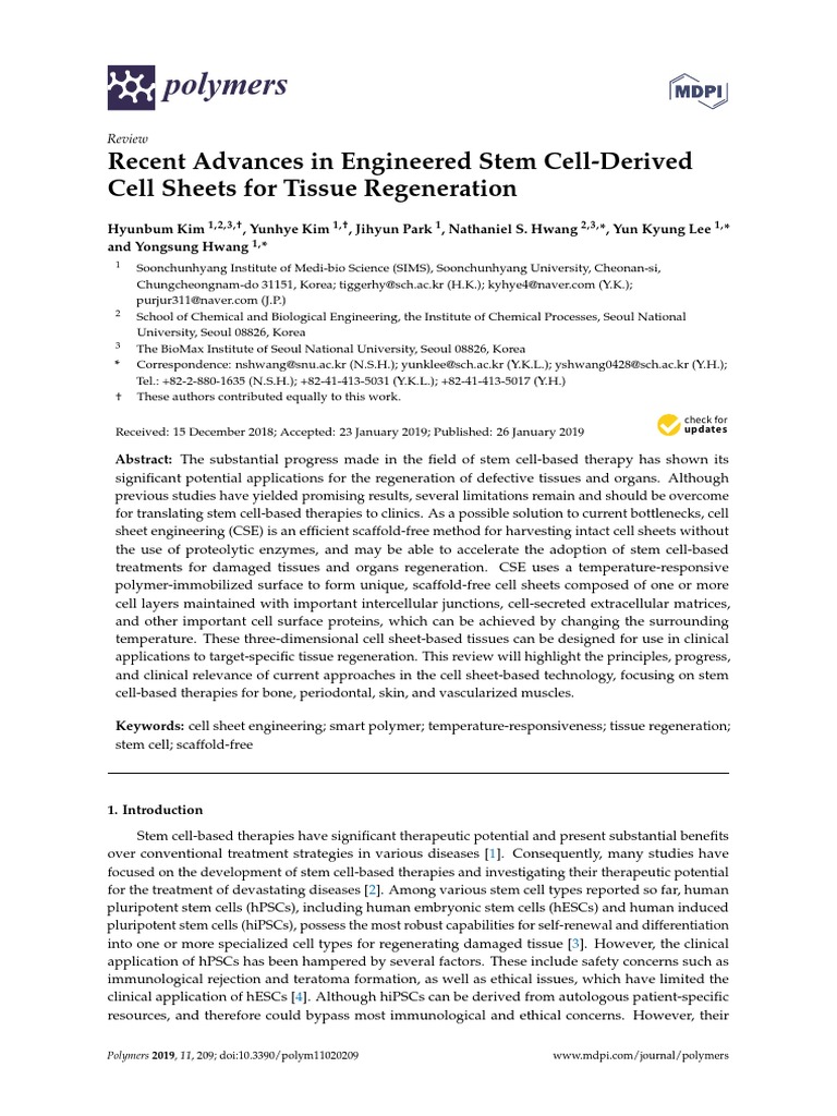 Polymers: Recent Advances in Engineered Stem Cell-Derived Cell Sheets For Tissue Regeneration ...