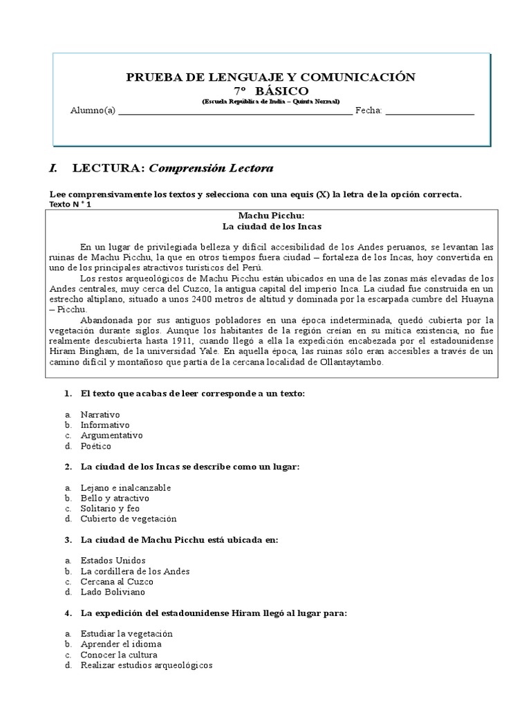 Guia de Lectura Comprensiva | PDF | Machu Picchu | Clima