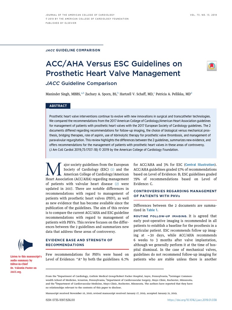 ACC/AHA Versus ESC Guidelines On Prosthetic Heart Valve Management ...