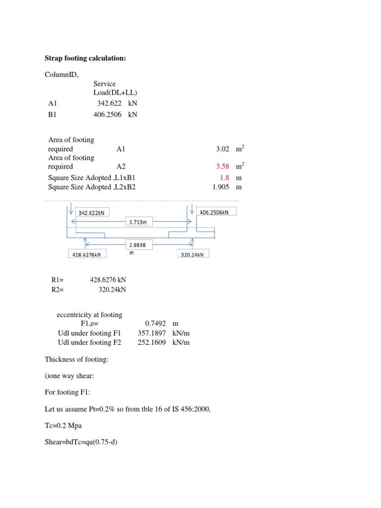 Strap Footing Calculation:: R1 428.6276 KN R2 320.24kN | PDF | Bending ...