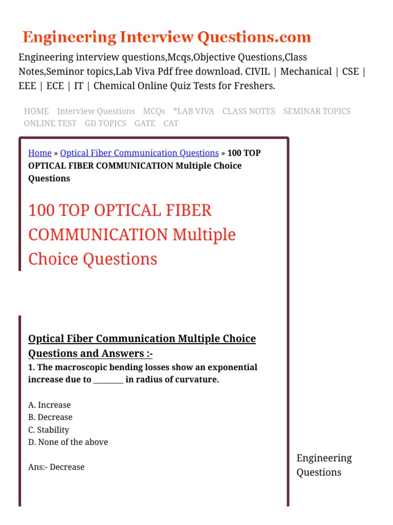 100 TOP OPTICAL FIBER COMMUNICATION Multiple Choice Questions Optical ...
