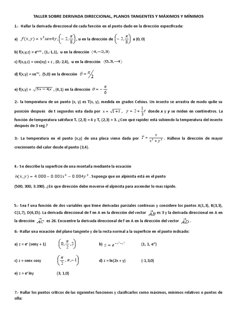 Taller Sobre Derivada Direccional | PDF | Calculo diferencial | Álgebra lineal