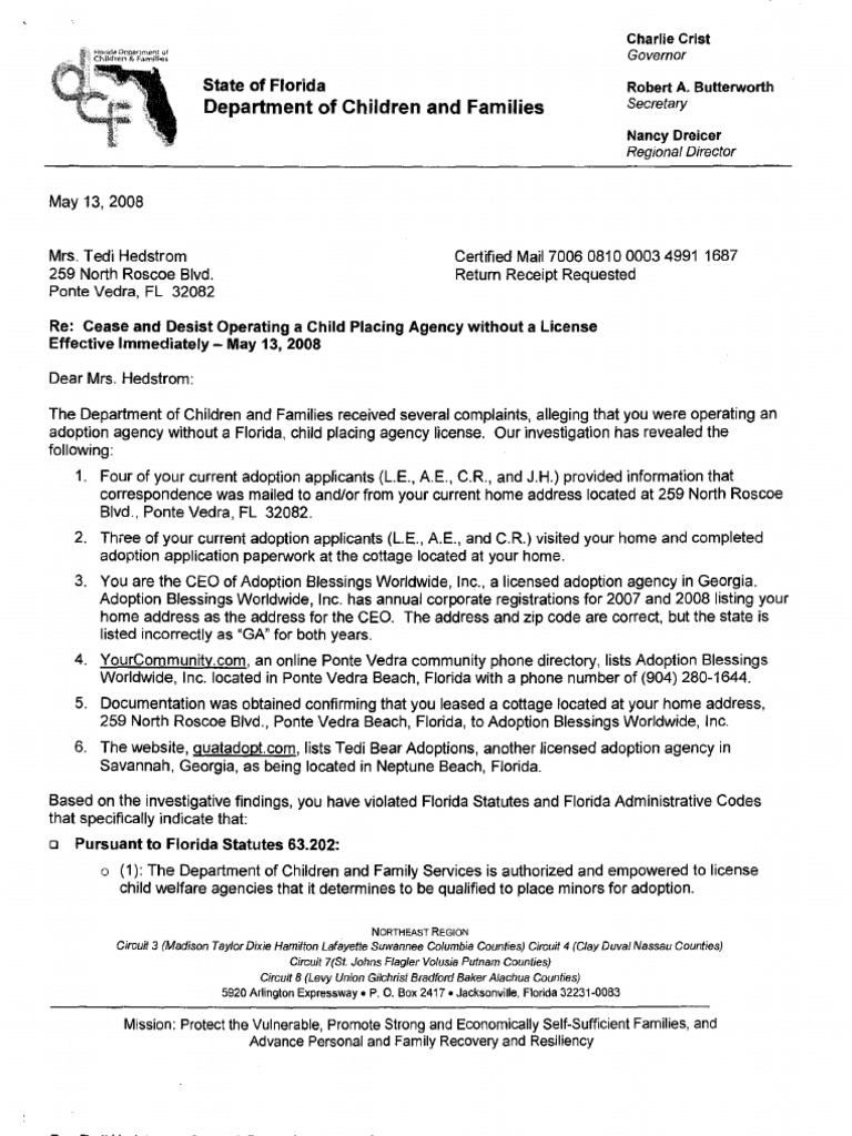 FL DCFS Cease and Desist Order | Foster Care | Adoption