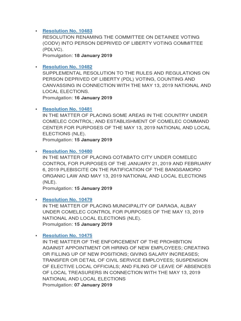 2019 Comelec Resolutions | PDF | Government Agencies | Commission On ...
