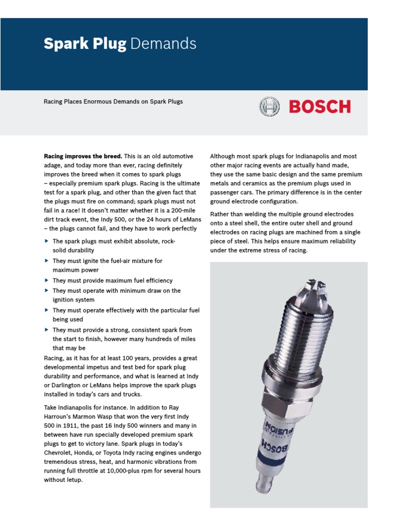 Bosch Racing Spark Plug | PDF | Indianapolis 500 | Engine Technology