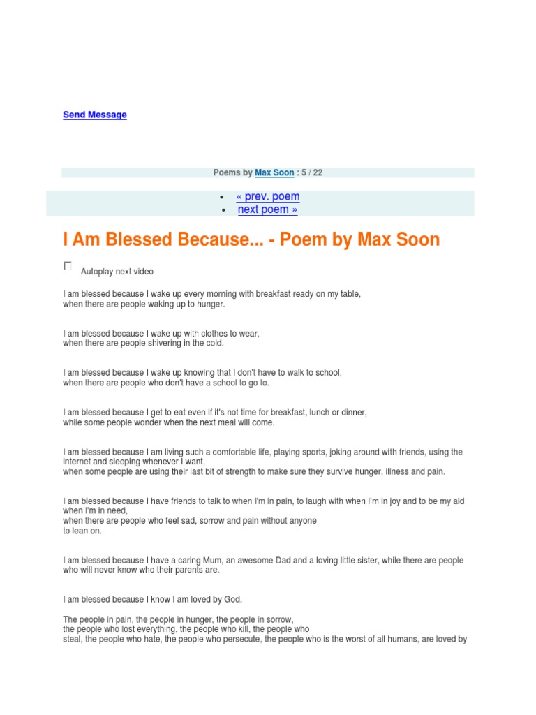 I Am Blessed Because... - Poem by Max Soon: Send Message | PDF