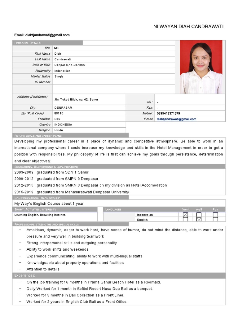 Curriculum Vitae (Diah Candrawati) PDF | PDF | Bali | Behavior Modification