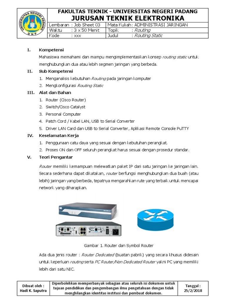 Job Sheet Administrasi Jaringan - Cisco Routing Static | PDF