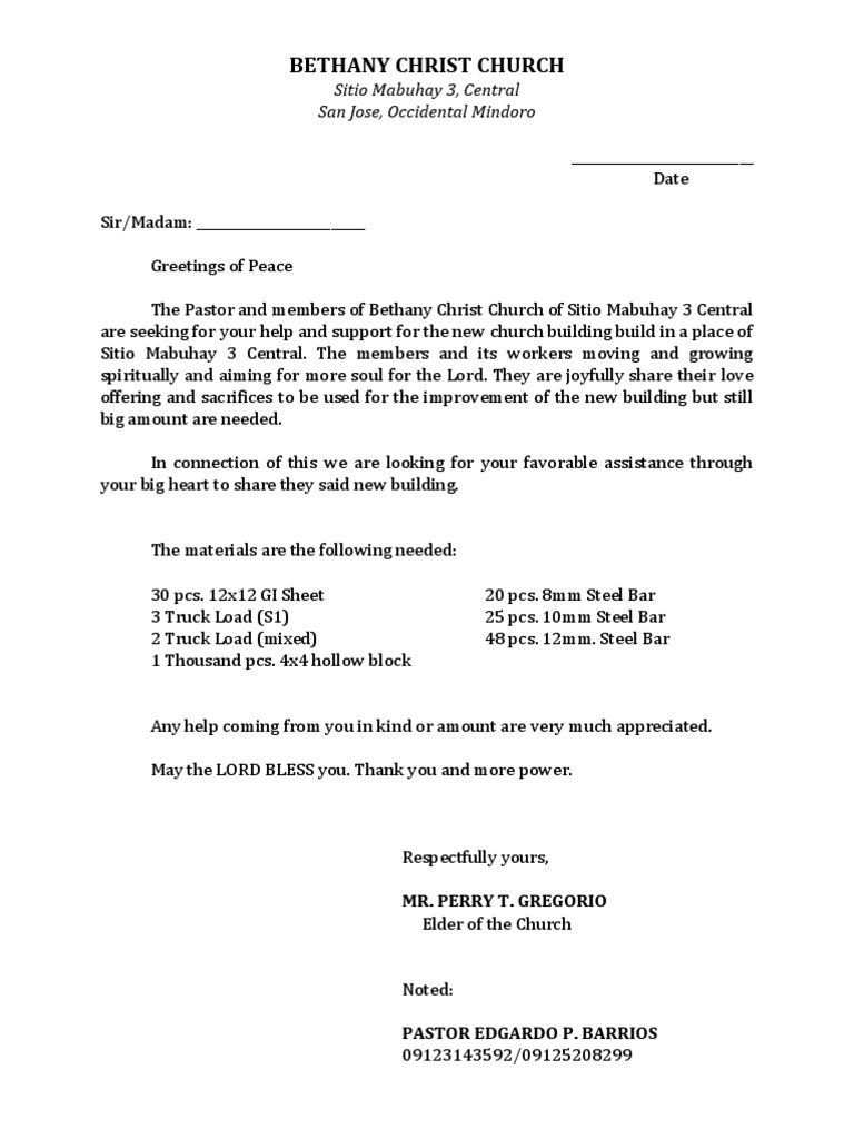 Bethany Christ Church - Solicitation Letter | PDF