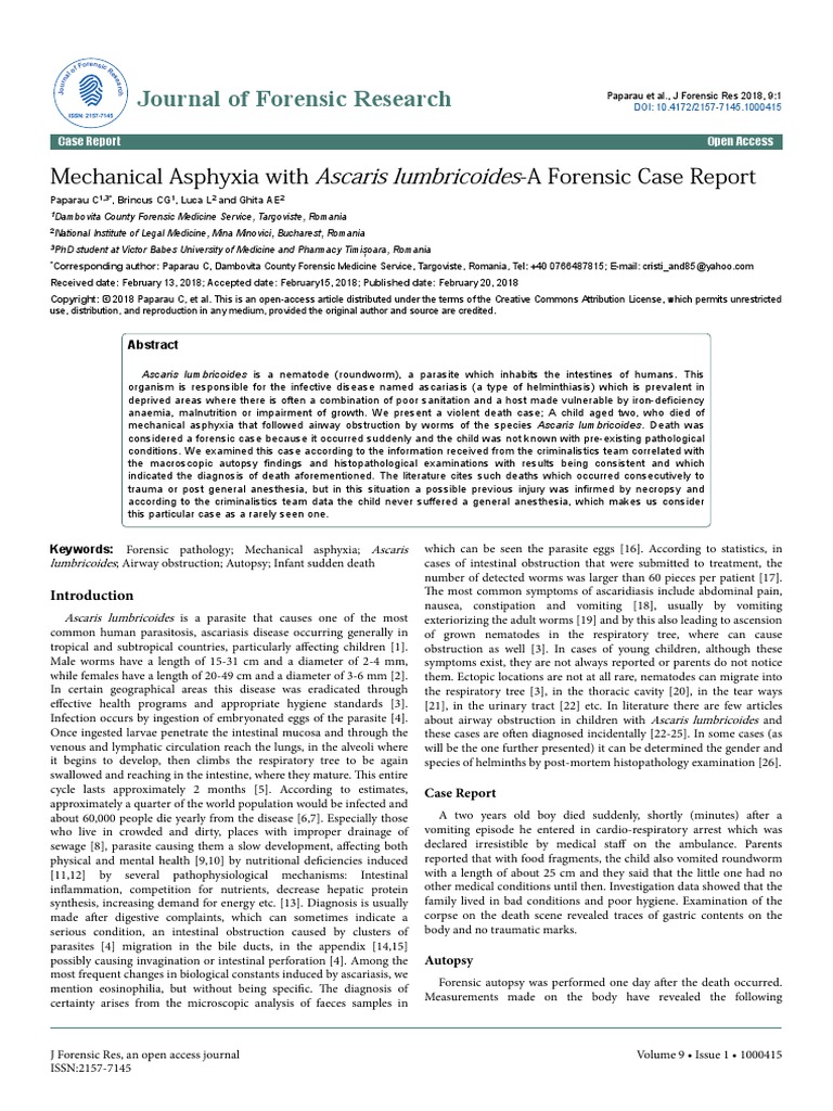 Mechanical Asphyxia Ascaris Lumbricoides Forensic Case Report 2157 7145 ...