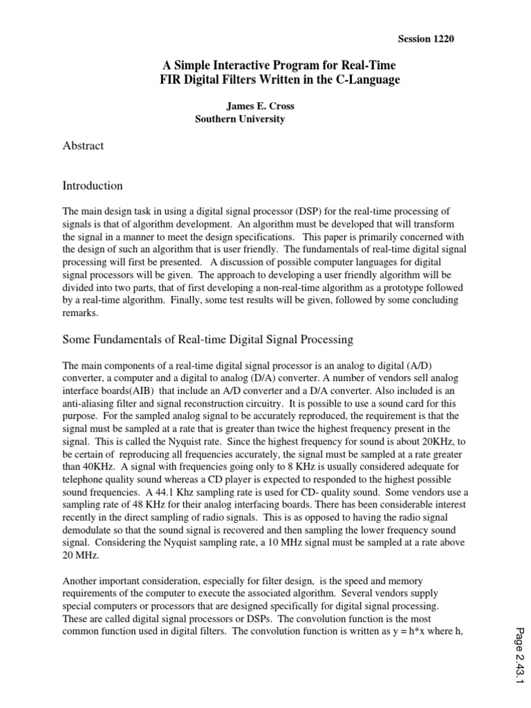 A Simple Interactive Program For Real Time Fir Digital Filters Written ...