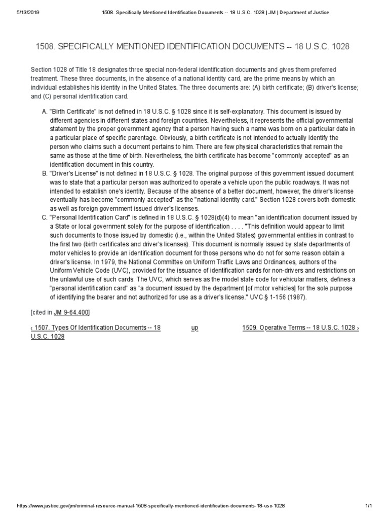 Identification Documents Under 18 U.S.C. 1028 | PDF | Identity Document ...