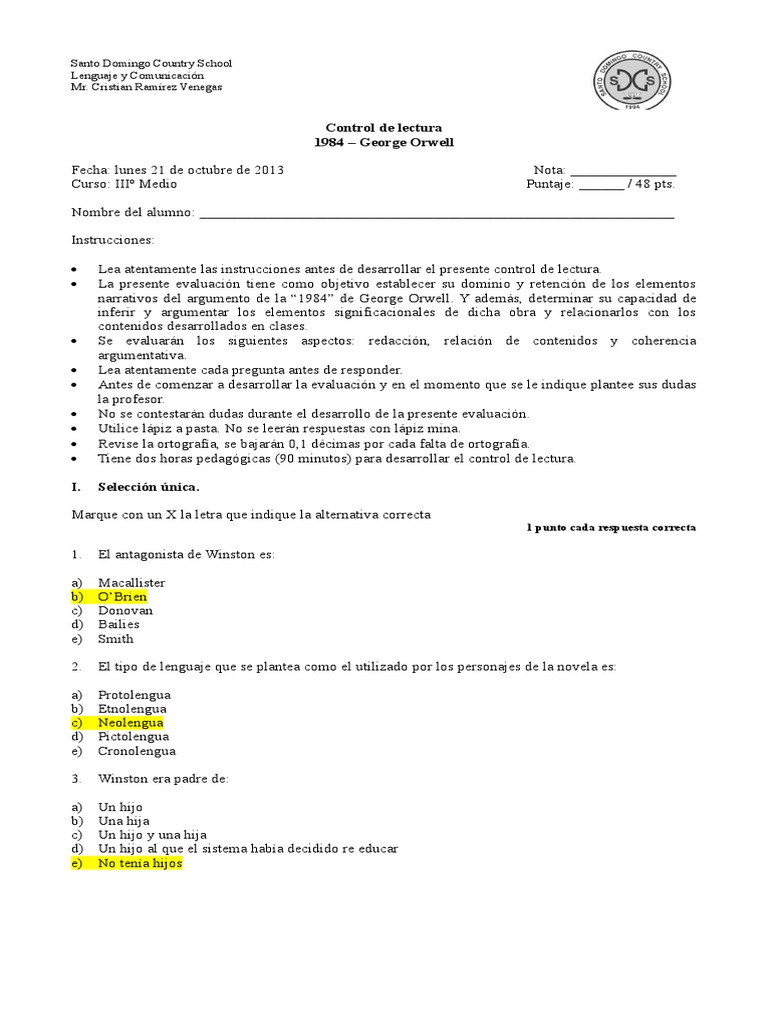 Control de Lectura 1984 | PDF