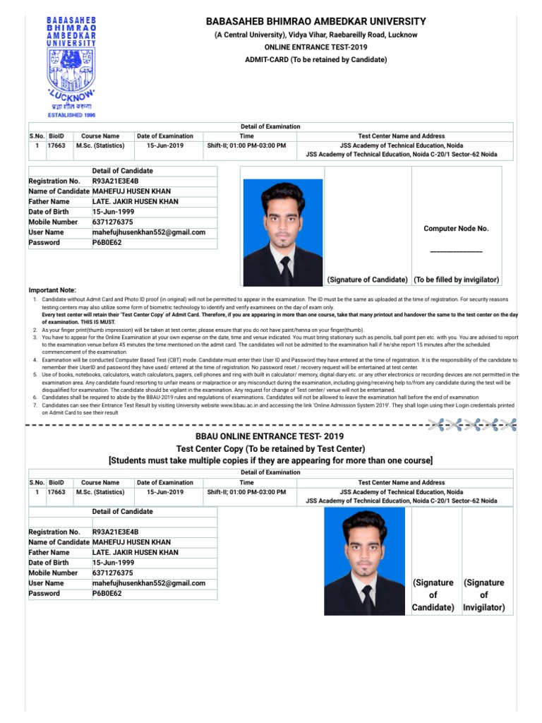 Bbau - Admit Card | PDF | Password | Test (Assessment)