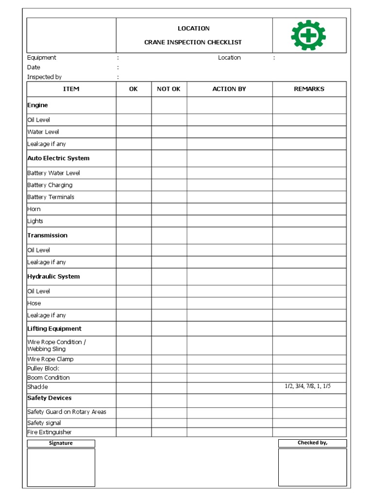 Crane Inspection Check List HSE. STD | PDF