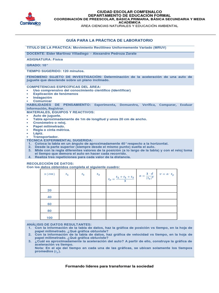 Guía de Laboratorio MRUV Física 10° | PDF | Aceleración | Física