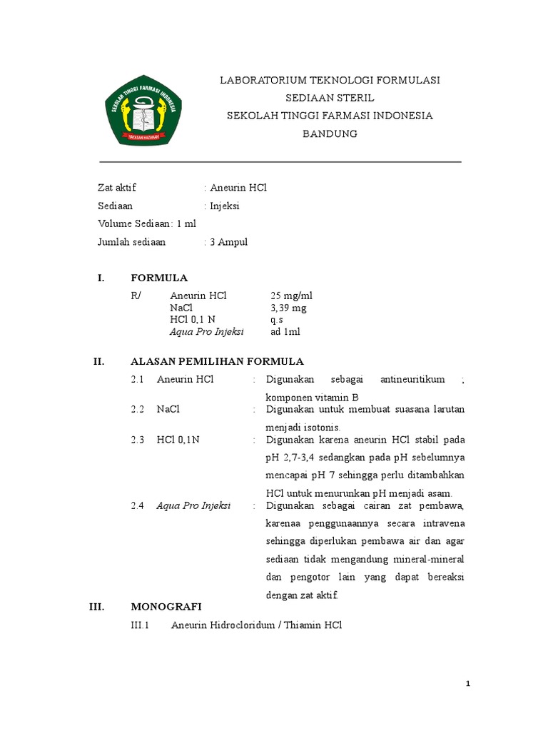 Laporan Injeksi Aneurin HCL | PDF
