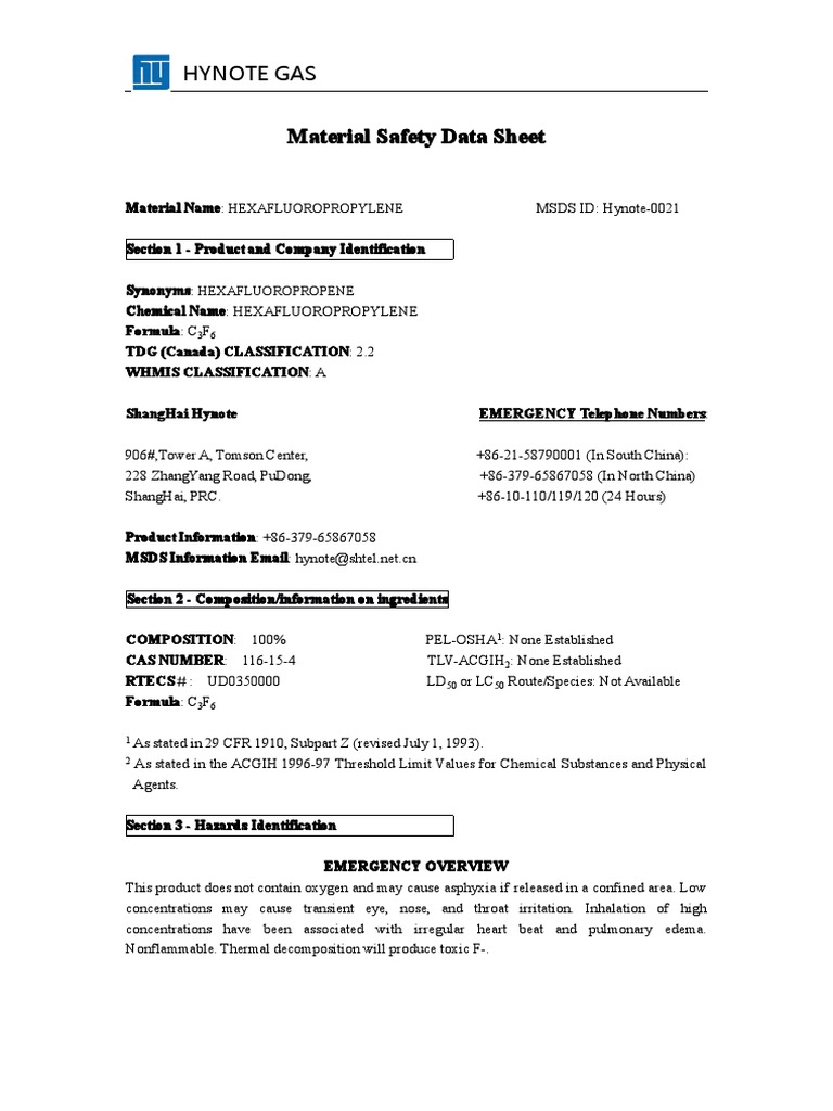 Hexafluoropropene MSDS | PDF | Firefighting | Fires