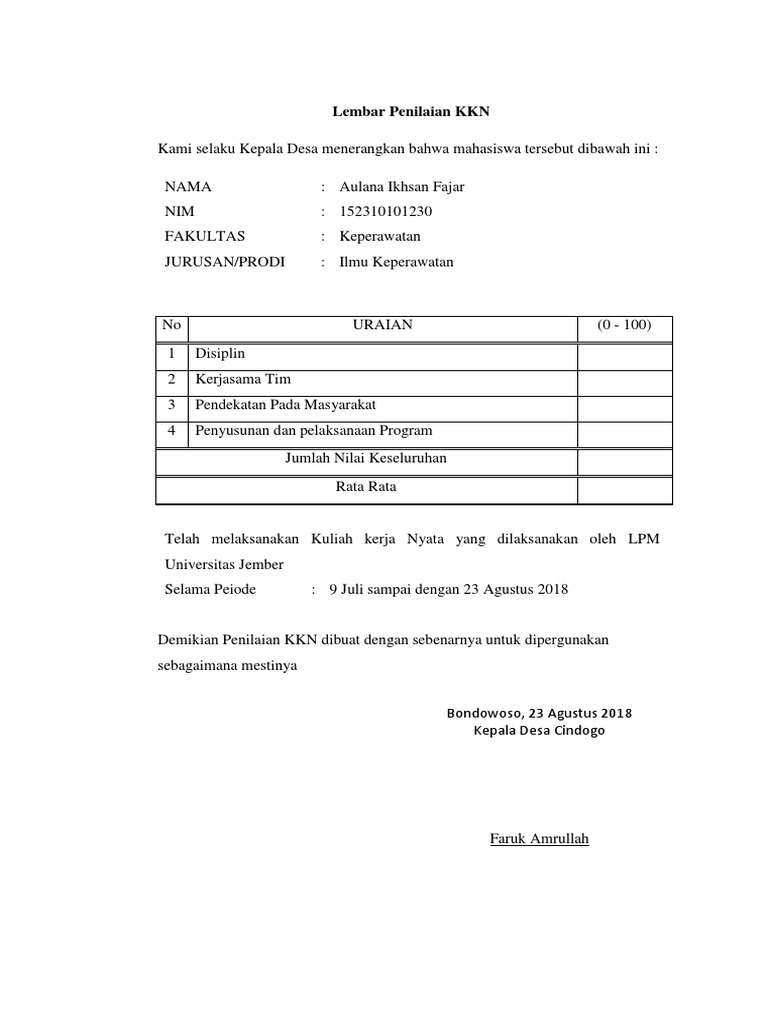 Lembar Penilaian KKN | PDF