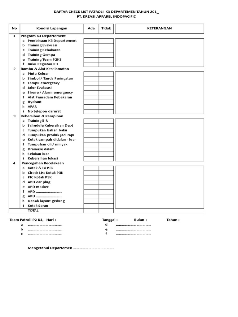 Checklist K3 Departemen | PDF