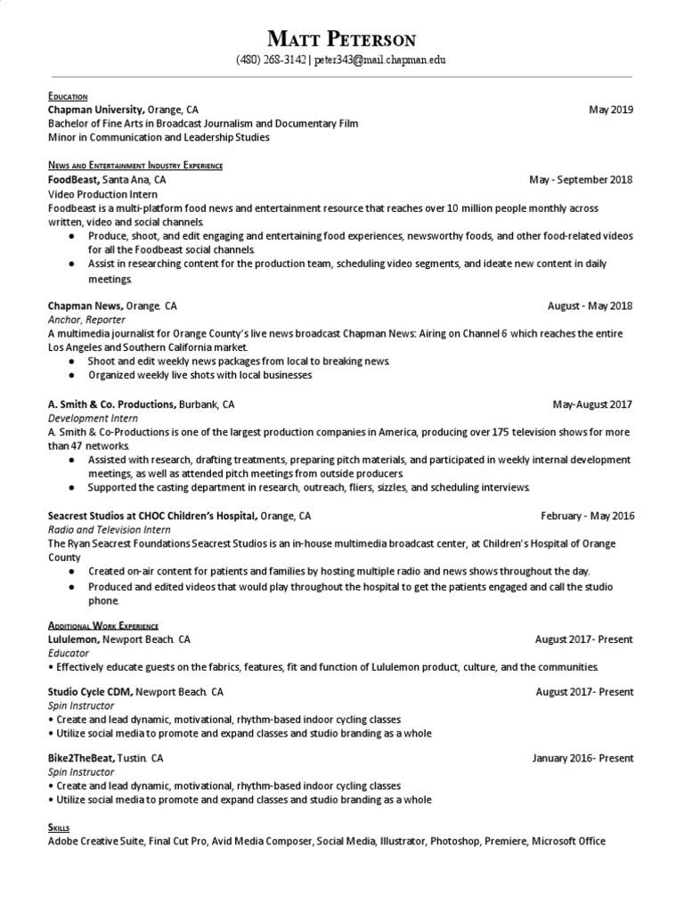 Matt Peterson Resume 2019 PDF | PDF | News | Broadcasting