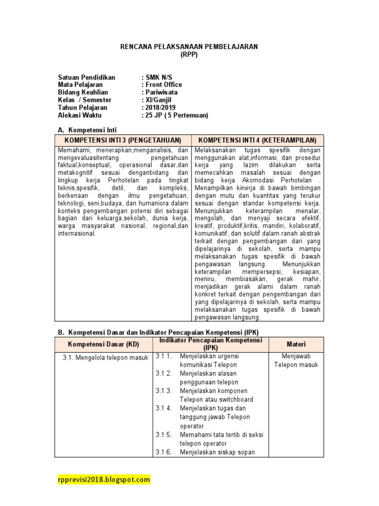 RPP Front Office Kelas 11 Kurikulum Merdeka | PDF