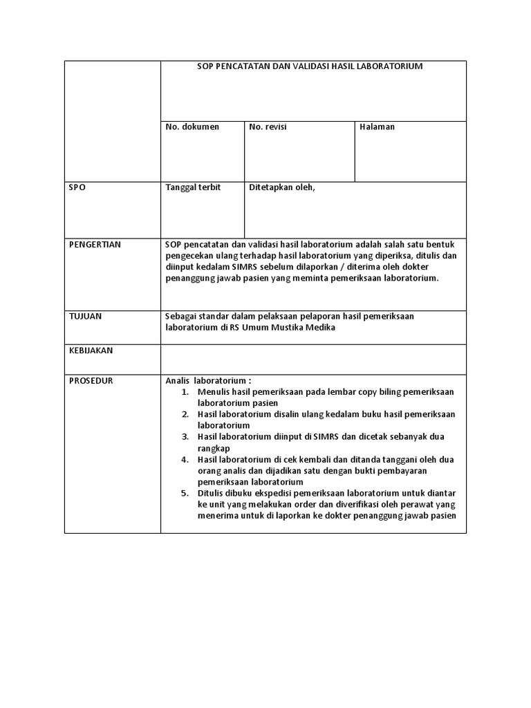 SOP Pencatatan Dan Validasi Hasil Laboratorium | PDF | Pengelolaan ...