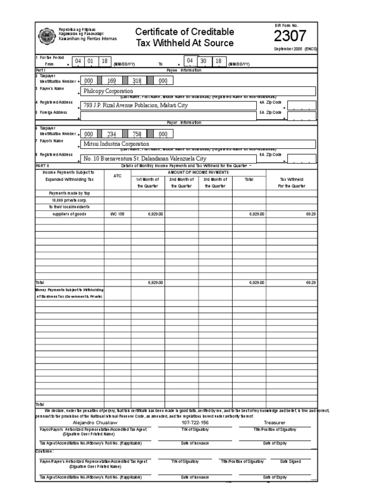2307 | PDF | Withholding Tax | Value Added Tax