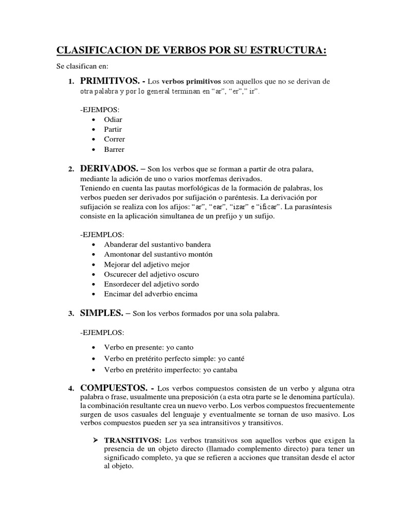 Clasificacion de Verbos Por Su Estructura | PDF | Verbo | Objeto ...
