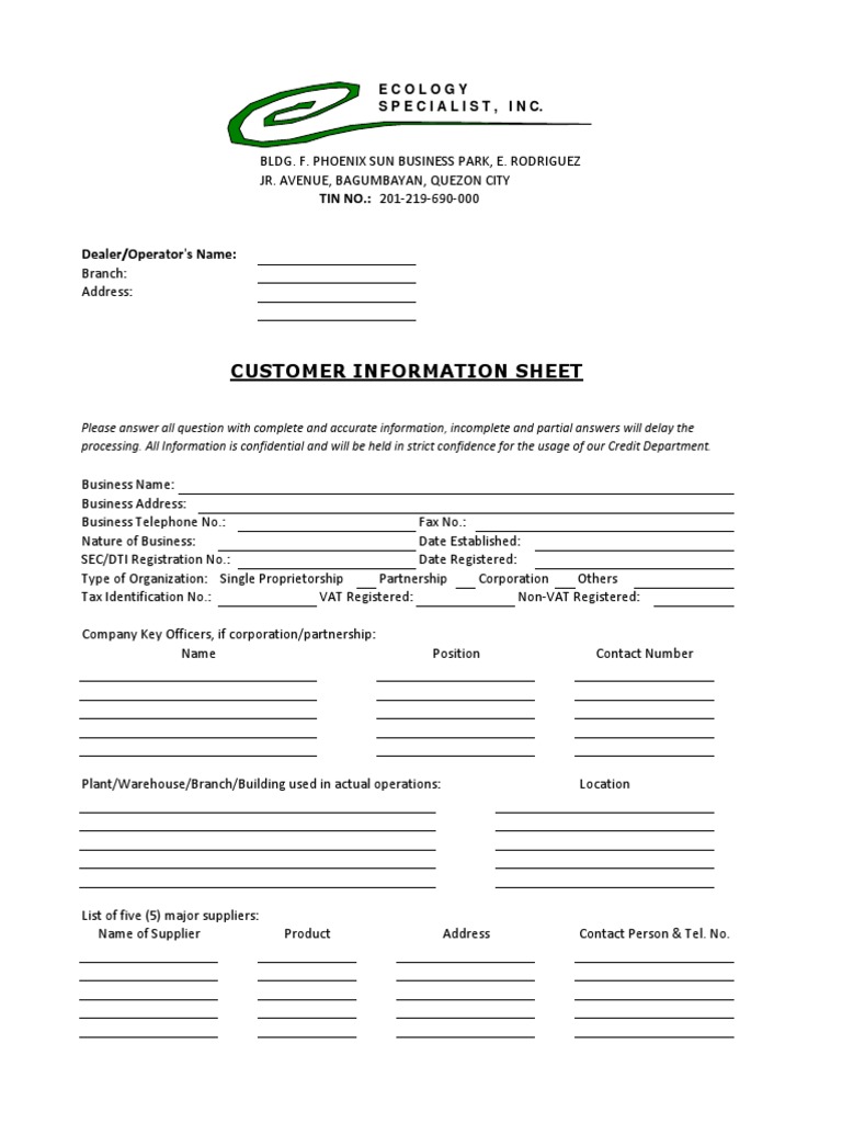 Customer Information Sheet: TIN NO.: 201-219-690-000 | PDF | Business ...