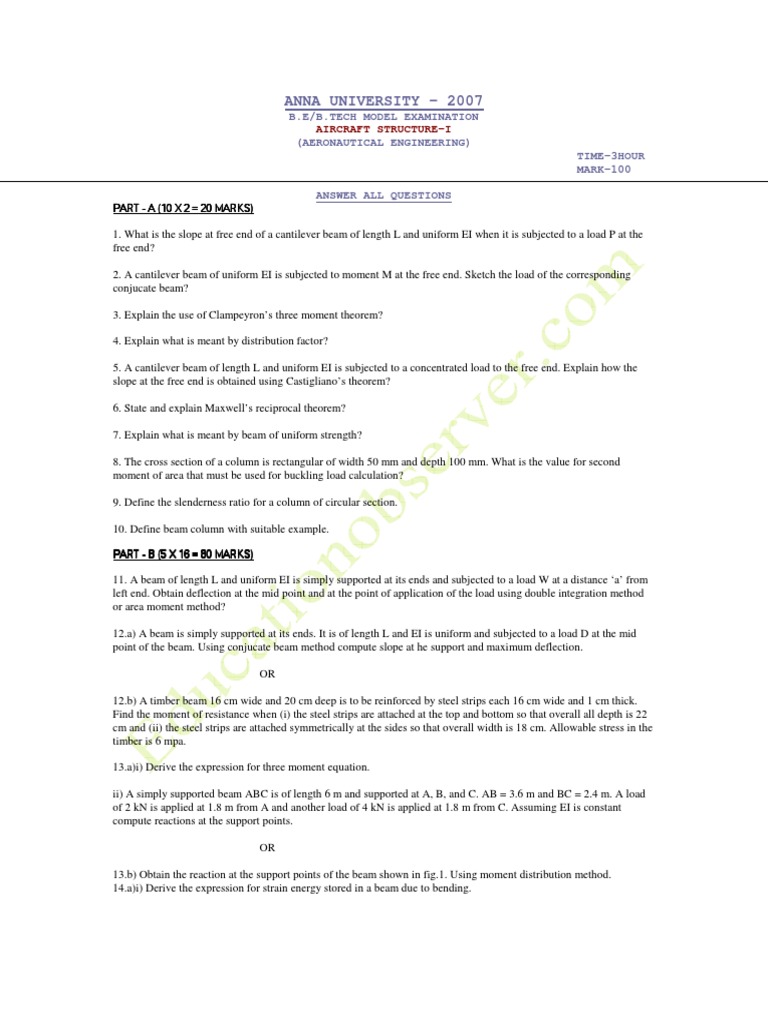 Anna University - 2007: B.E/B.Tech Model Examination (Aeronautical ...