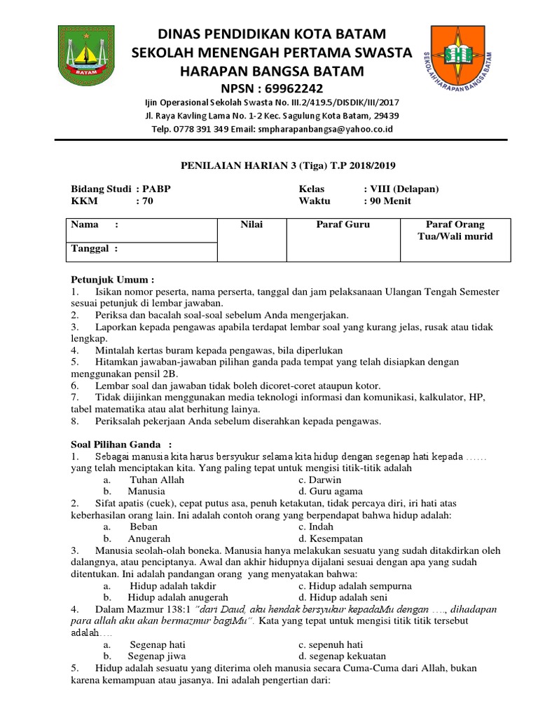 Soal PH3 Agama Kristen Kelas Viii, SHB | PDF