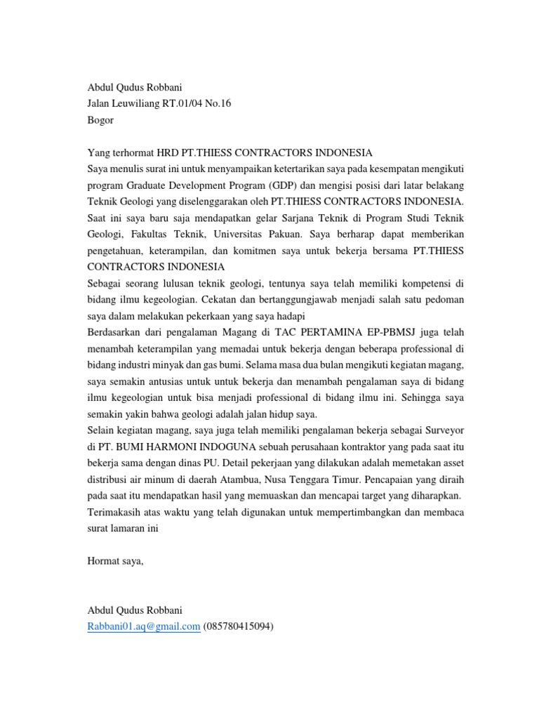 Cover Letter - PT - Thiess PDF | PDF