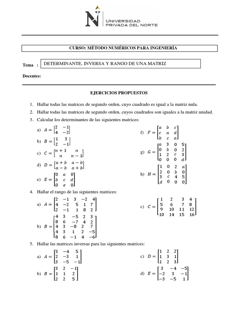 Hoja De Trabajo De Matrices