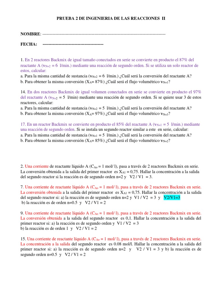 Problemas de Reactores Químicos | PDF | Motor a reacción | Cantidad
