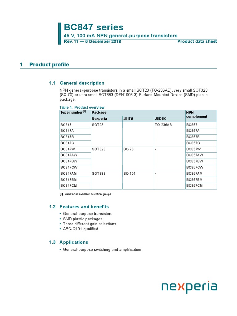 BC847 Series: 1 Product Profile | PDF | Bipolar Junction Transistor ...